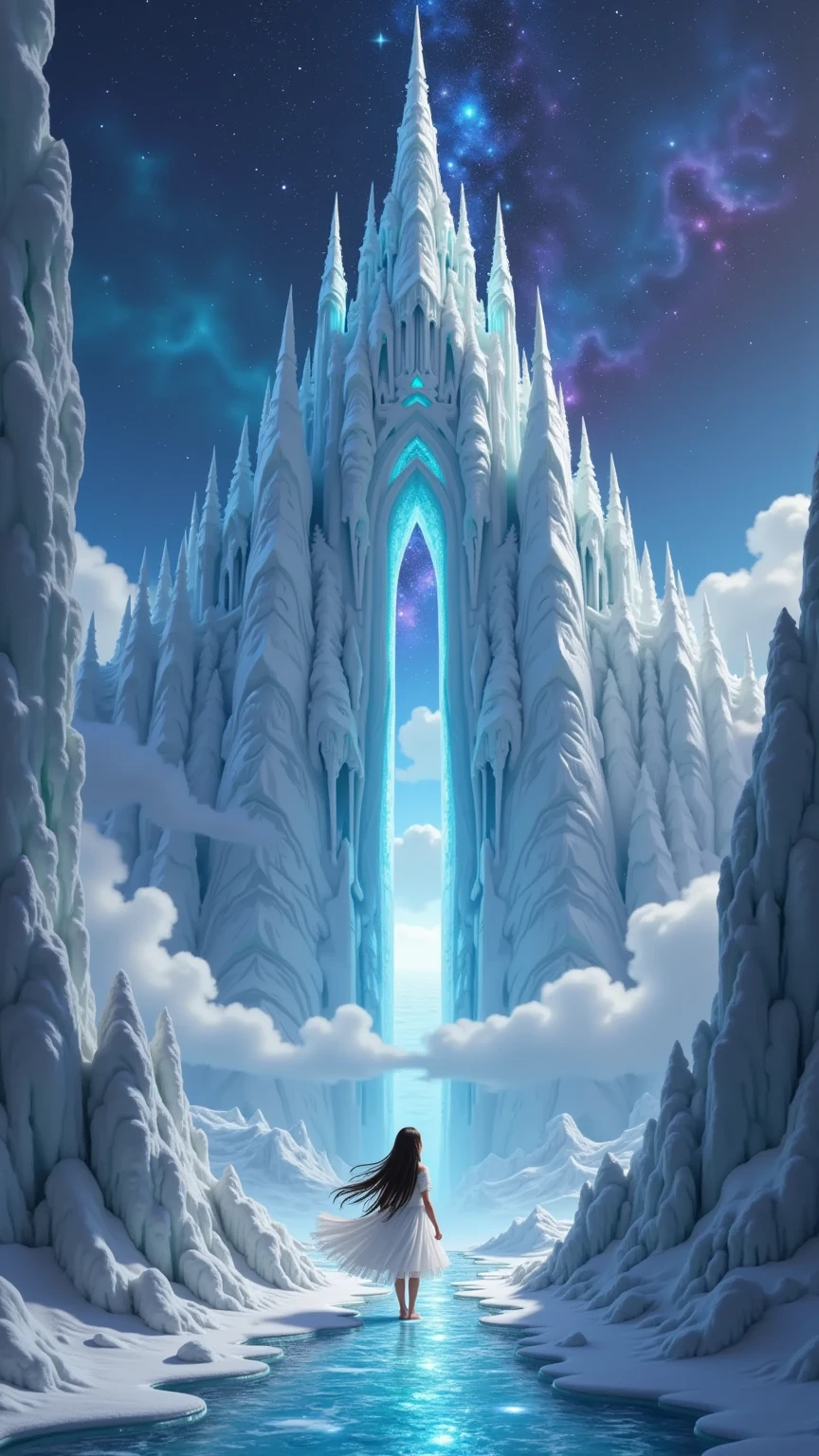 prompt: | An 18-year-old young girl stands at the edge of a celestial ice bridge, gazing up at ...