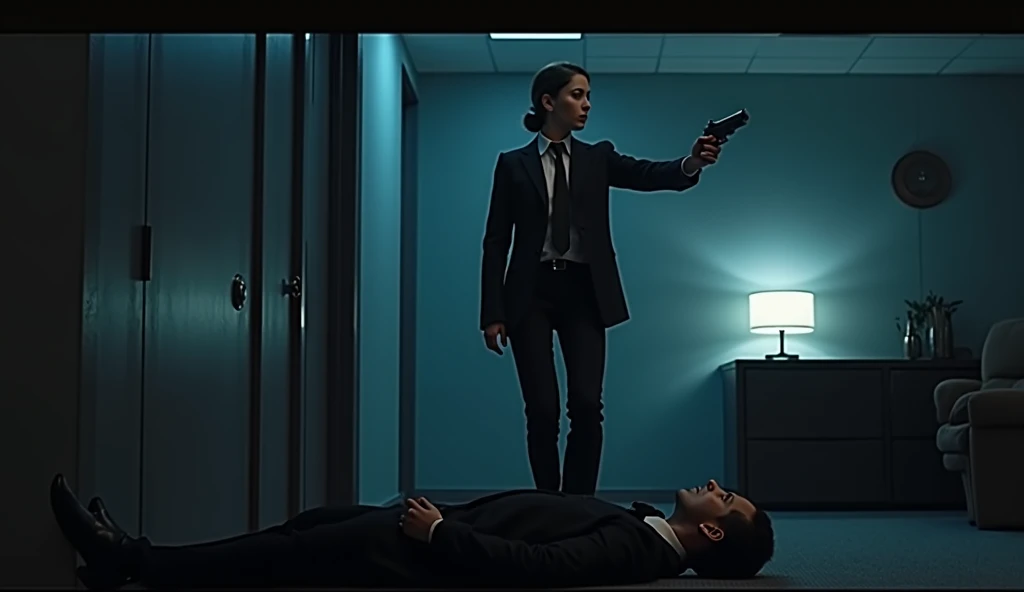 A female detective in her mid-30s, dressed in suits, point gun on the ...