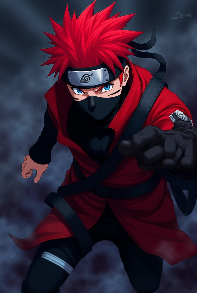 A red-haired ninja man, three mustache marks on his cheeks - SeaArt AI