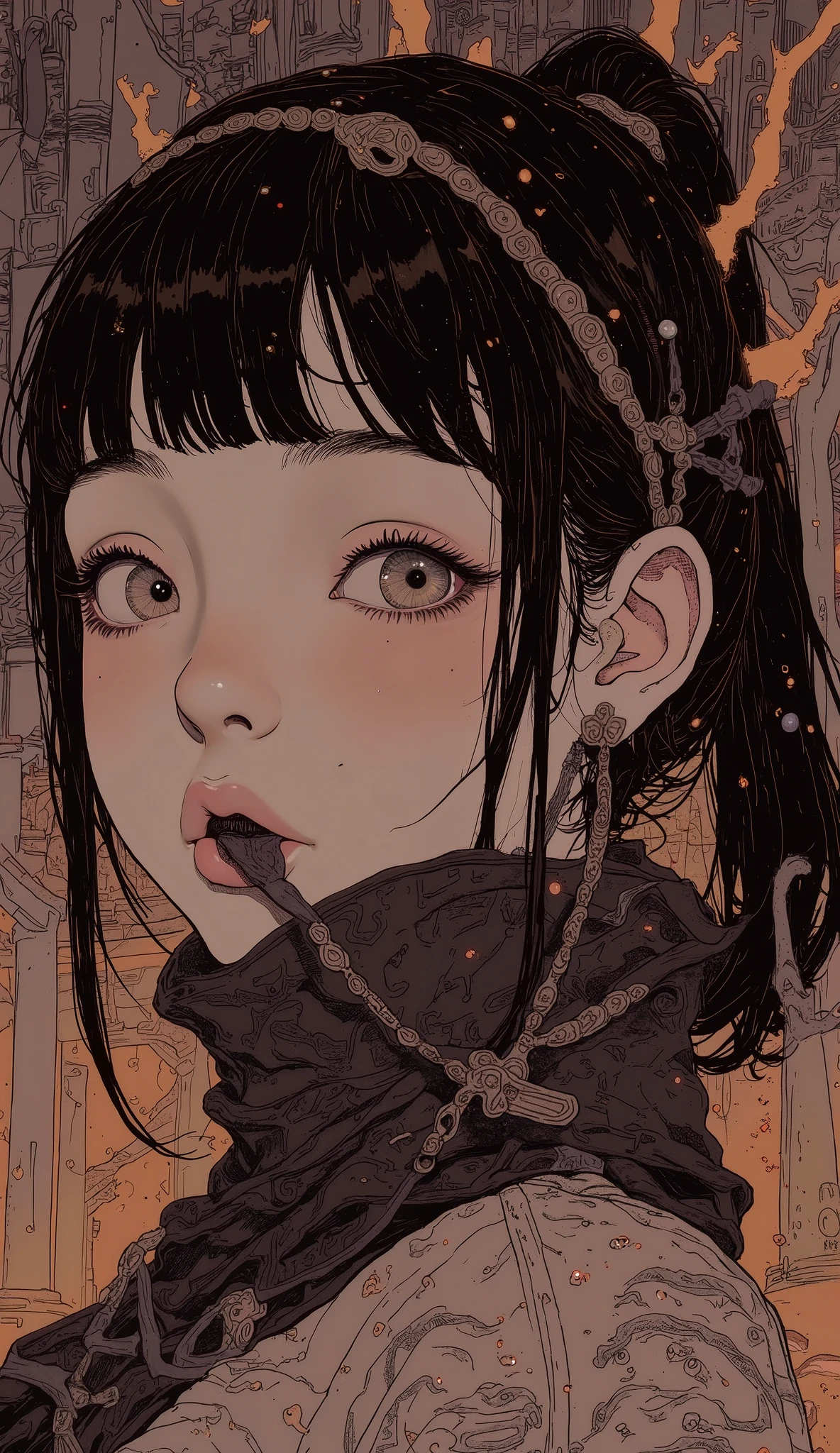 Anime girl with black hair and a black scarf with a chain around her ...