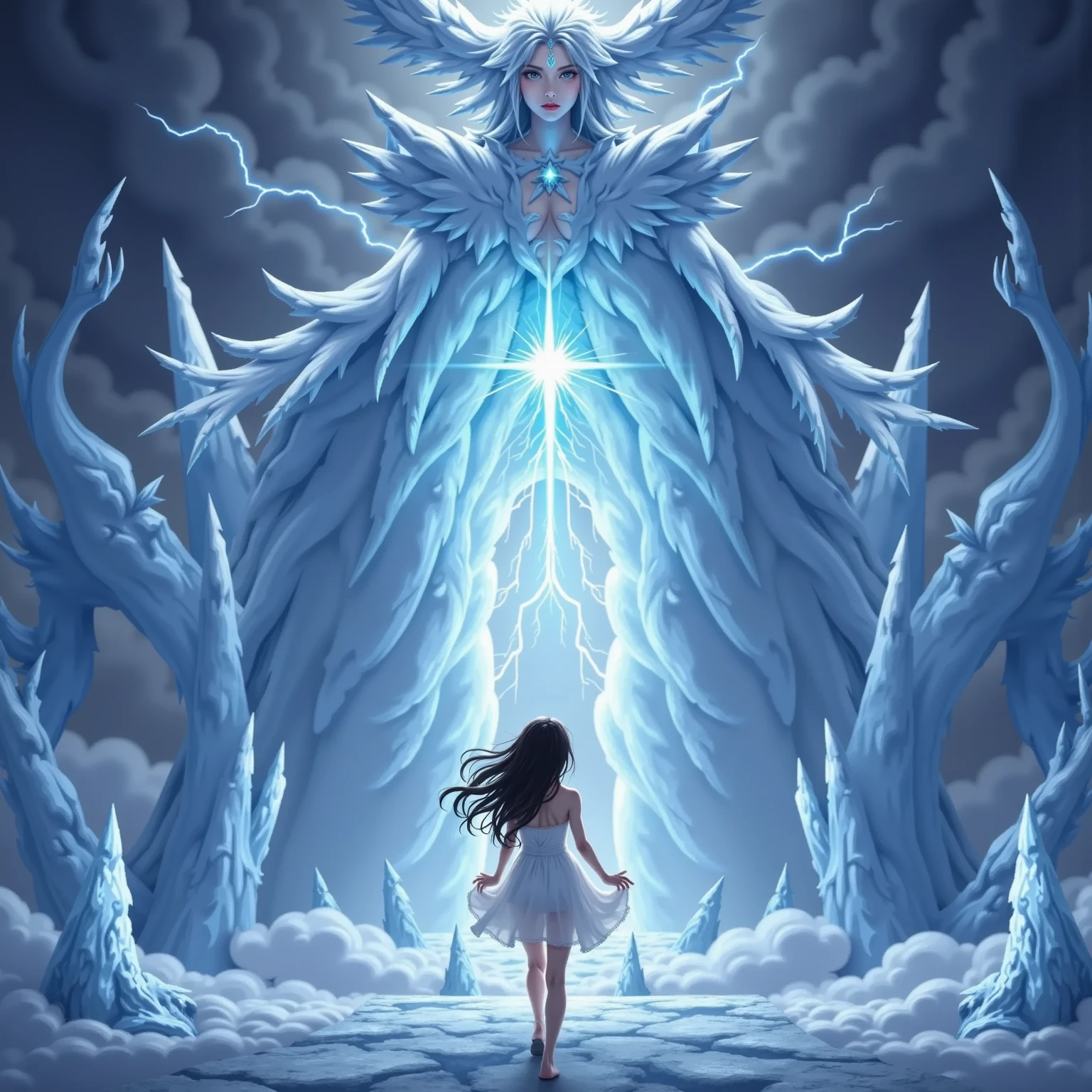 prompt: | The young Ice Queen stands atop **Faishi Shrine (The Floating ...