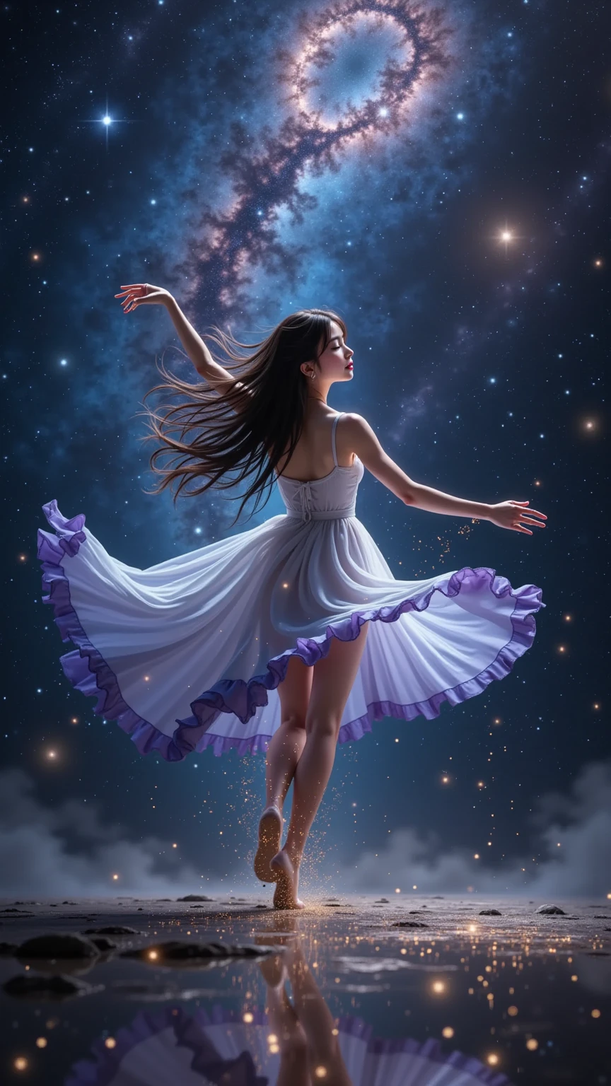 prompt: | A young woman dances gracefully in the vast expanse of space ...