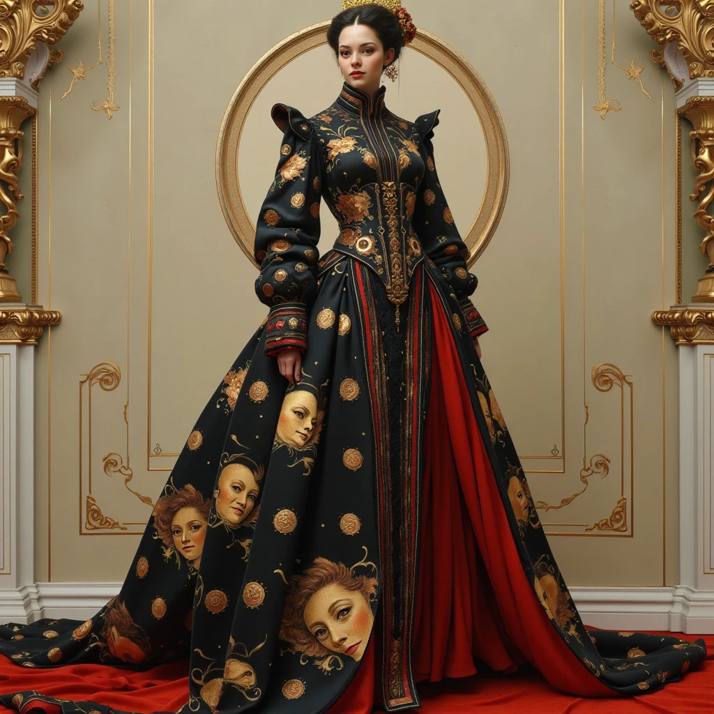 Portrait of a woman seen from toe to head angle on 3/4, on long black ...