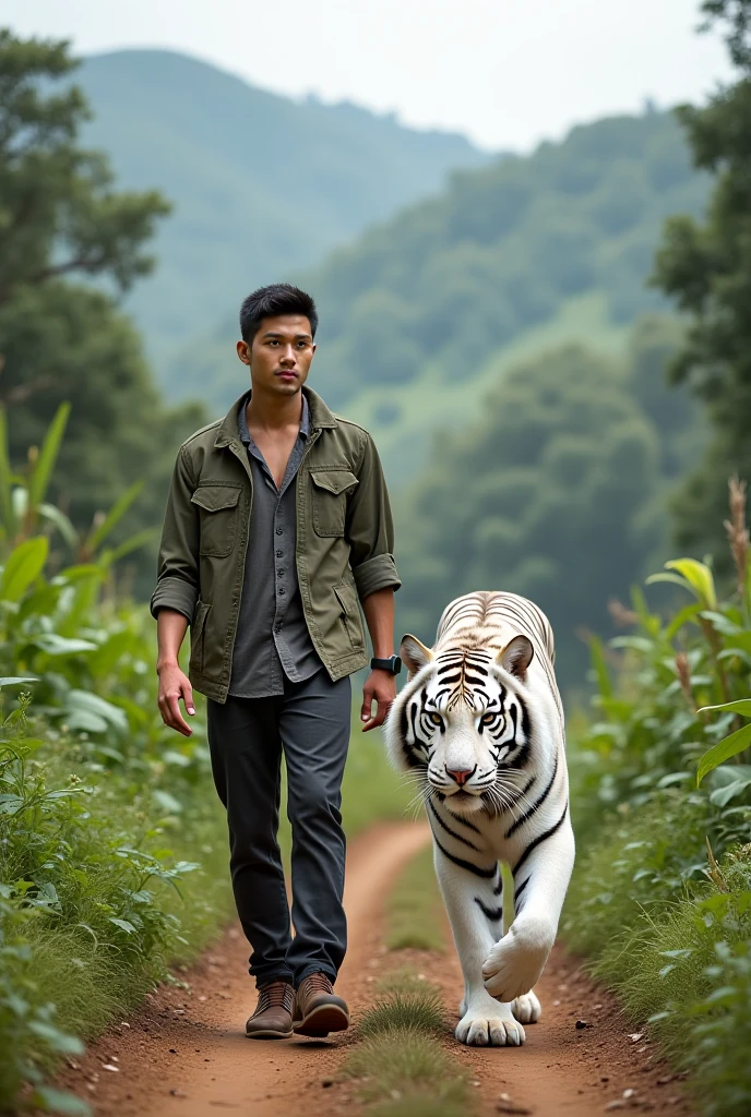 A handsome short-haired Indonesian man once walking with a medium size ...