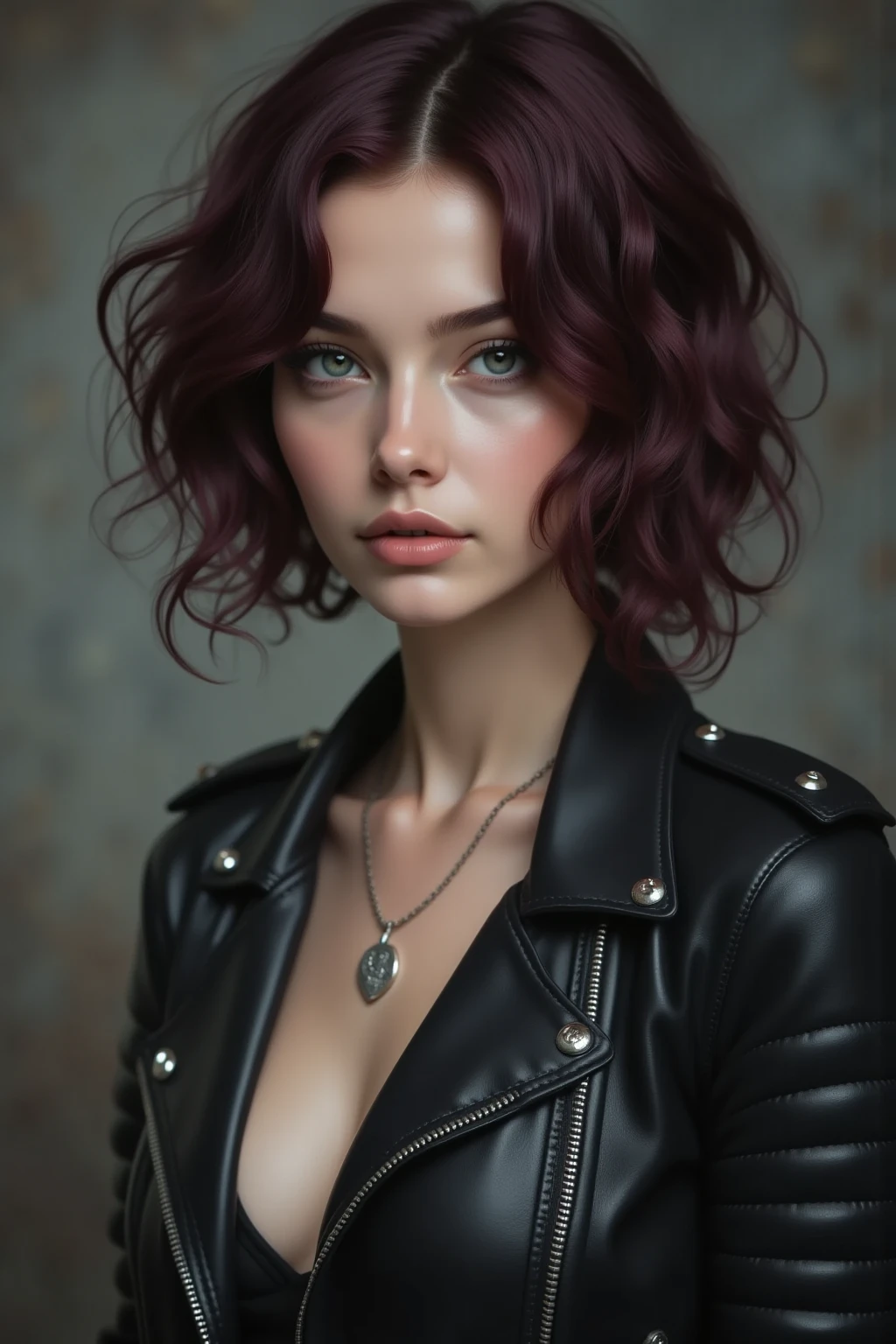 A young woman with dark burgundy curly hair light blue eyes and a punky ...