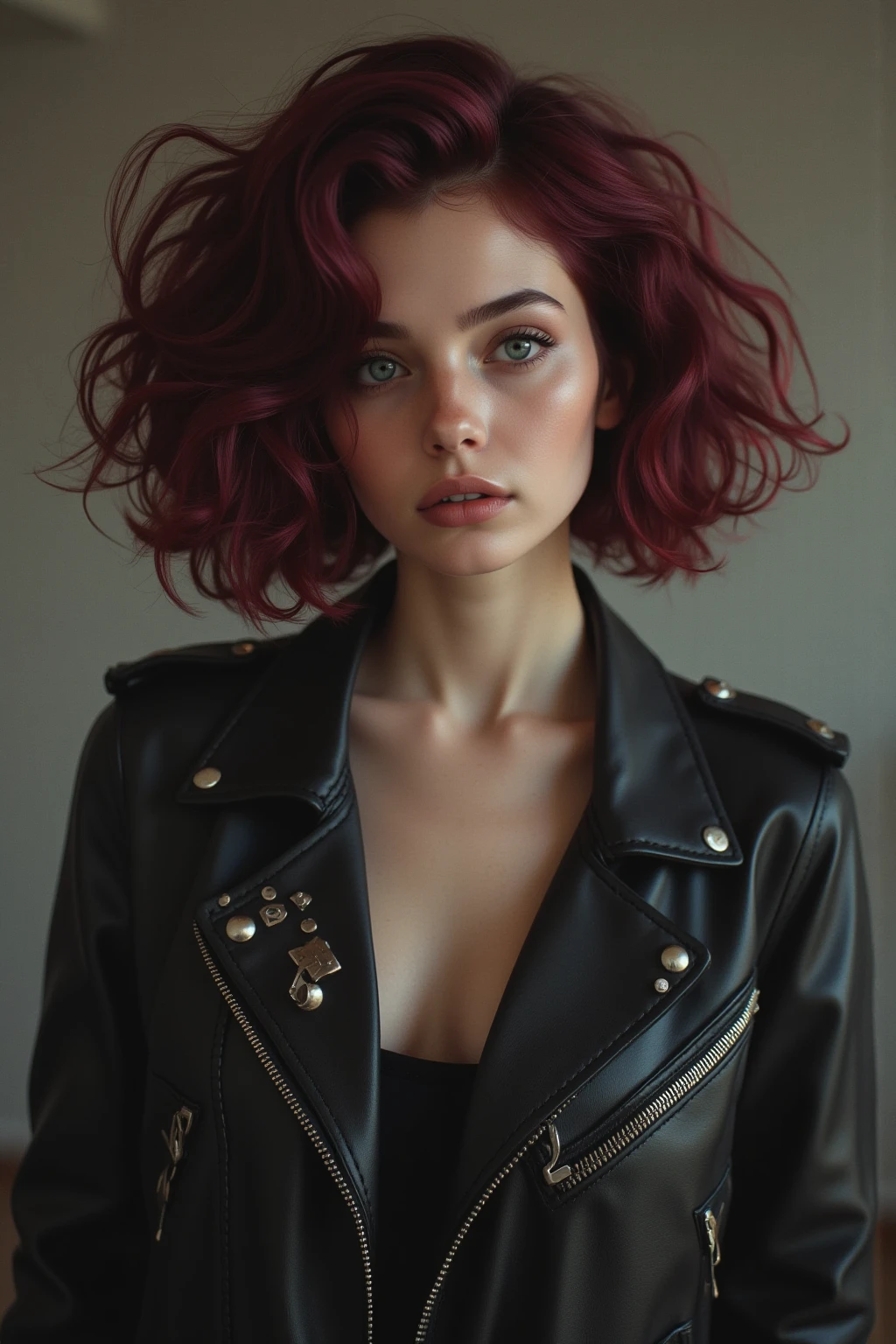 A young woman with dark burgundy curly hair light blue eyes and a punky ...