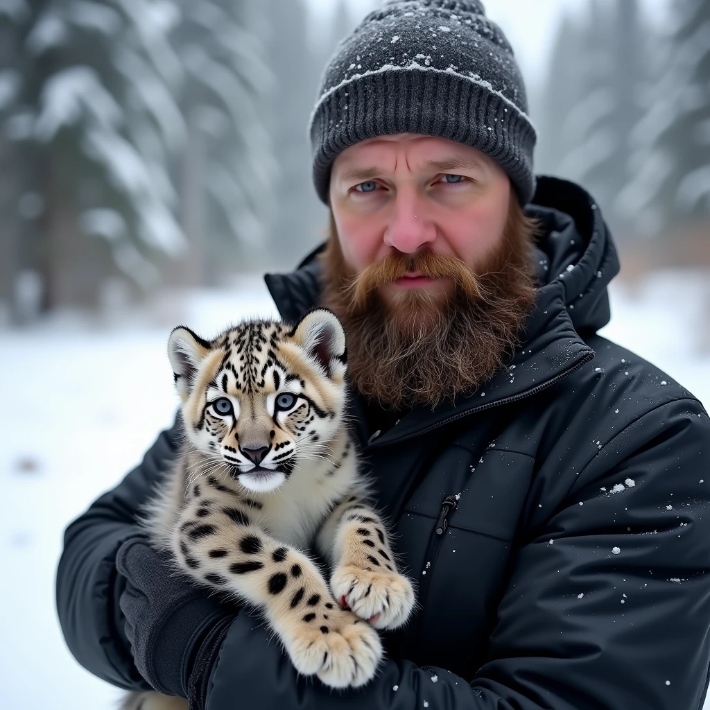 Thick beard and a serious expression wears a black jacket and a knit ...
