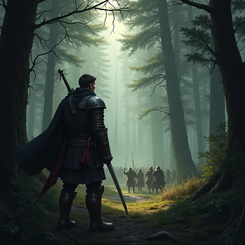 Medieval soldier observed a forest surrounded by enemies - SeaArt AI