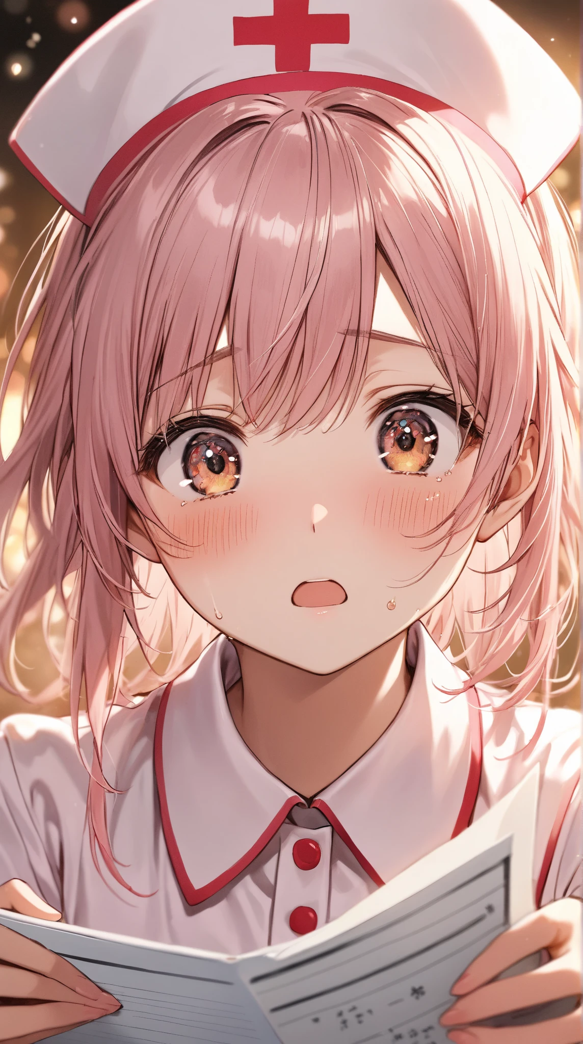 Extreme close-up, Face-focused portrait of a clumsy but lovable nurse ...