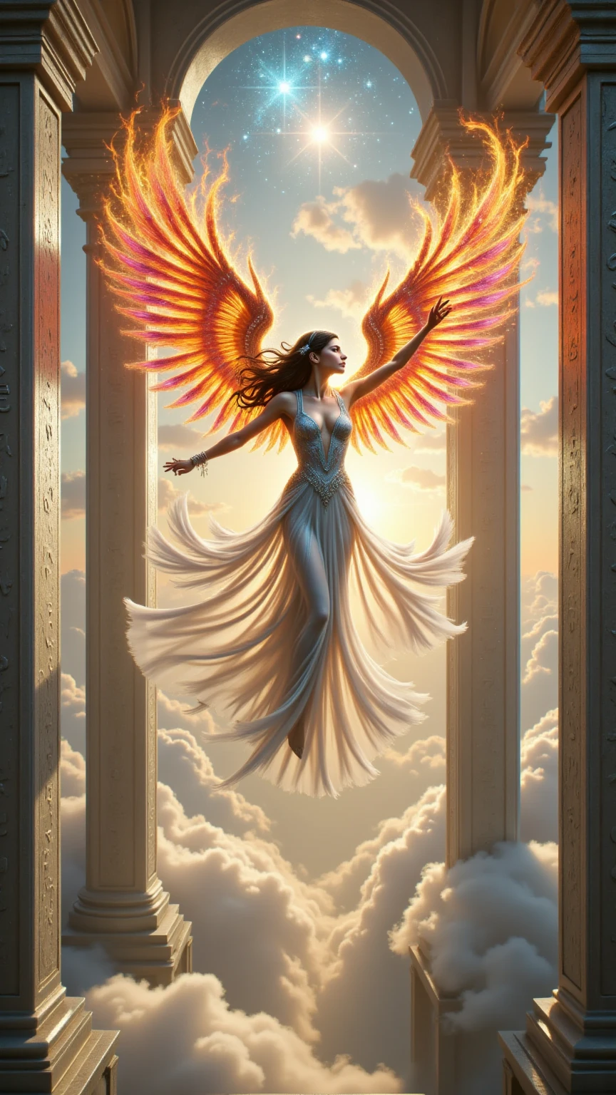 prompt: | A mystical young goddess floating above the clouds, dancing ...
