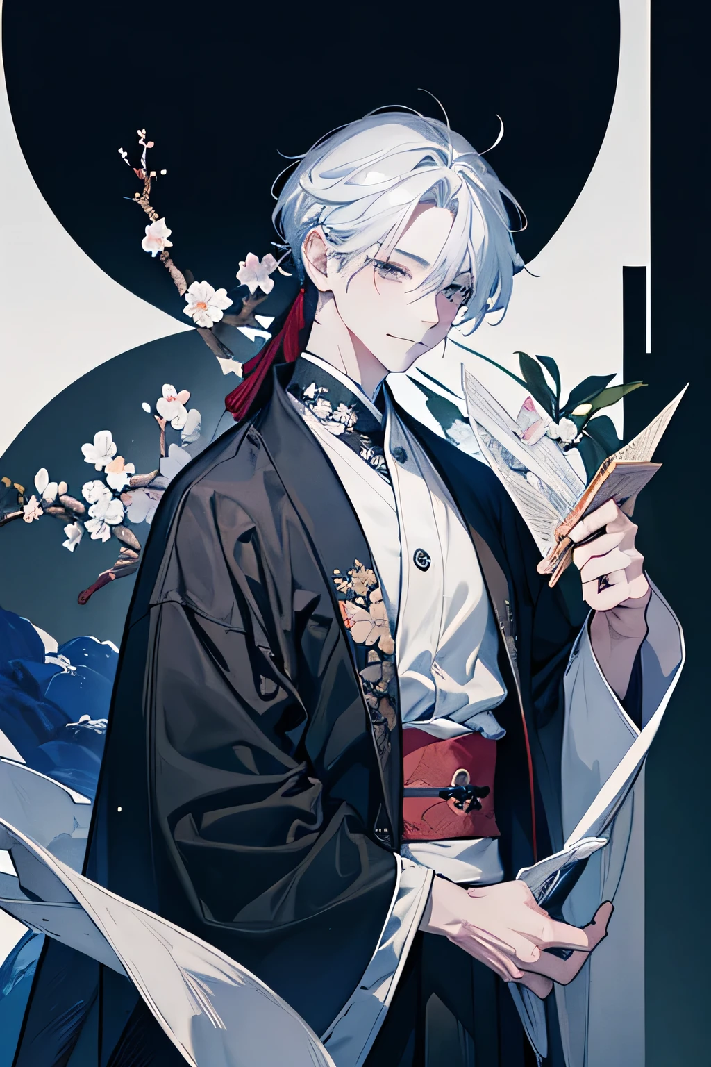 Anime - style image of a man in a black and white outfit holding a book ...