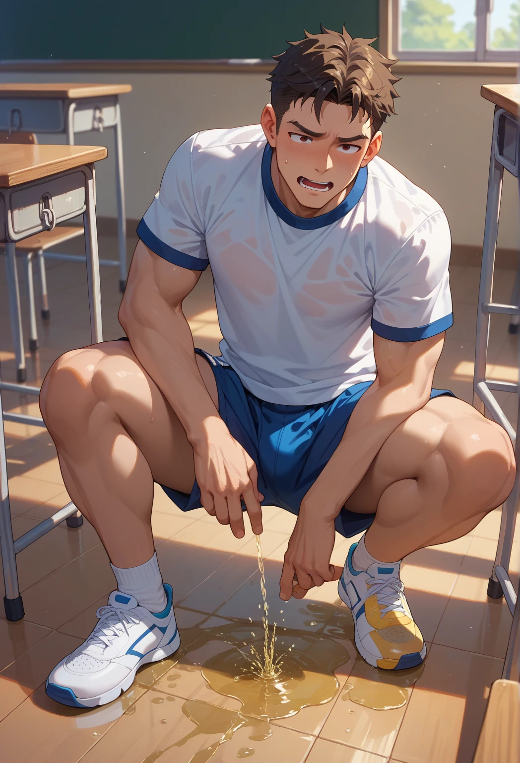 peeing, pee,classroom,Gym clothes, boys, pleasant face,Puddle - SeaArt AI