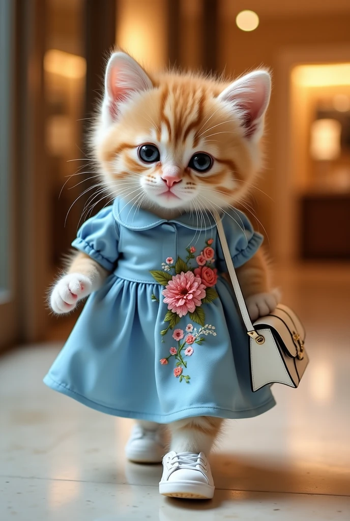 The image shows an adorable anthropomorphic kitten dressed in a ...