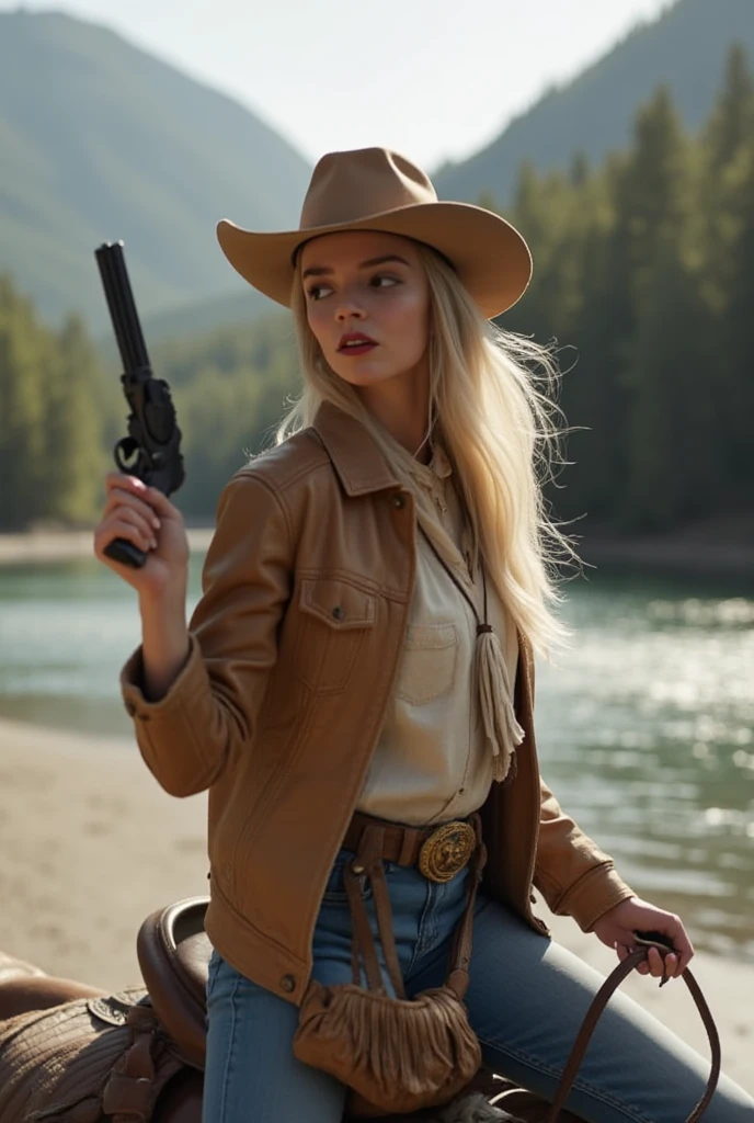 Seductive cowgirl with a revolver in her hand gallops on a horse ...