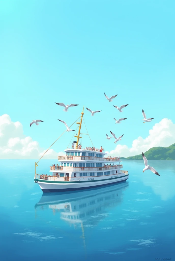 Blue sea, in the distance is a cartoon white two-story ferry with ...