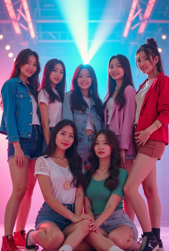 5 korean and 2 girls standing in side and 3 girls is sitting in middle ...