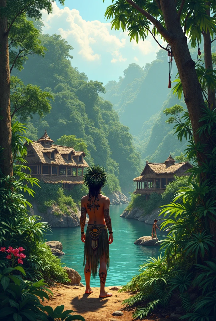 indigenous village , riverside, Amazon rainforest, Tattooed Brazilian ...