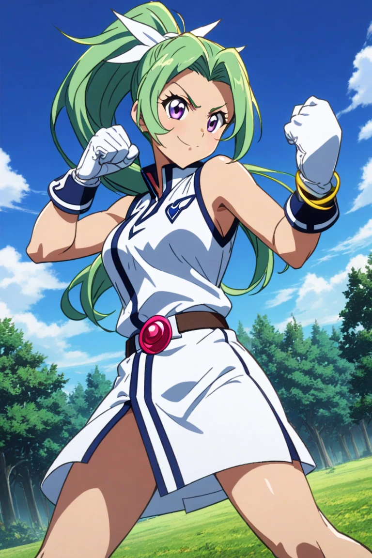 1girl,solo,strong willed , green hair, you're clenching your right fist ...