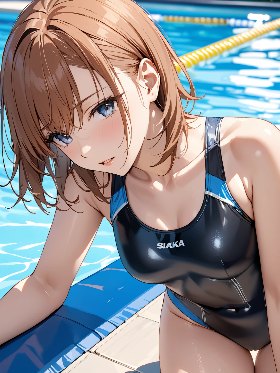 pool, black competitive swimsuit, Beauty, (Alluring), (Obscene - SeaArt AI