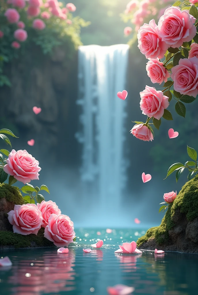 Sunrise pink roses with hearts and waterfall - SeaArt AI