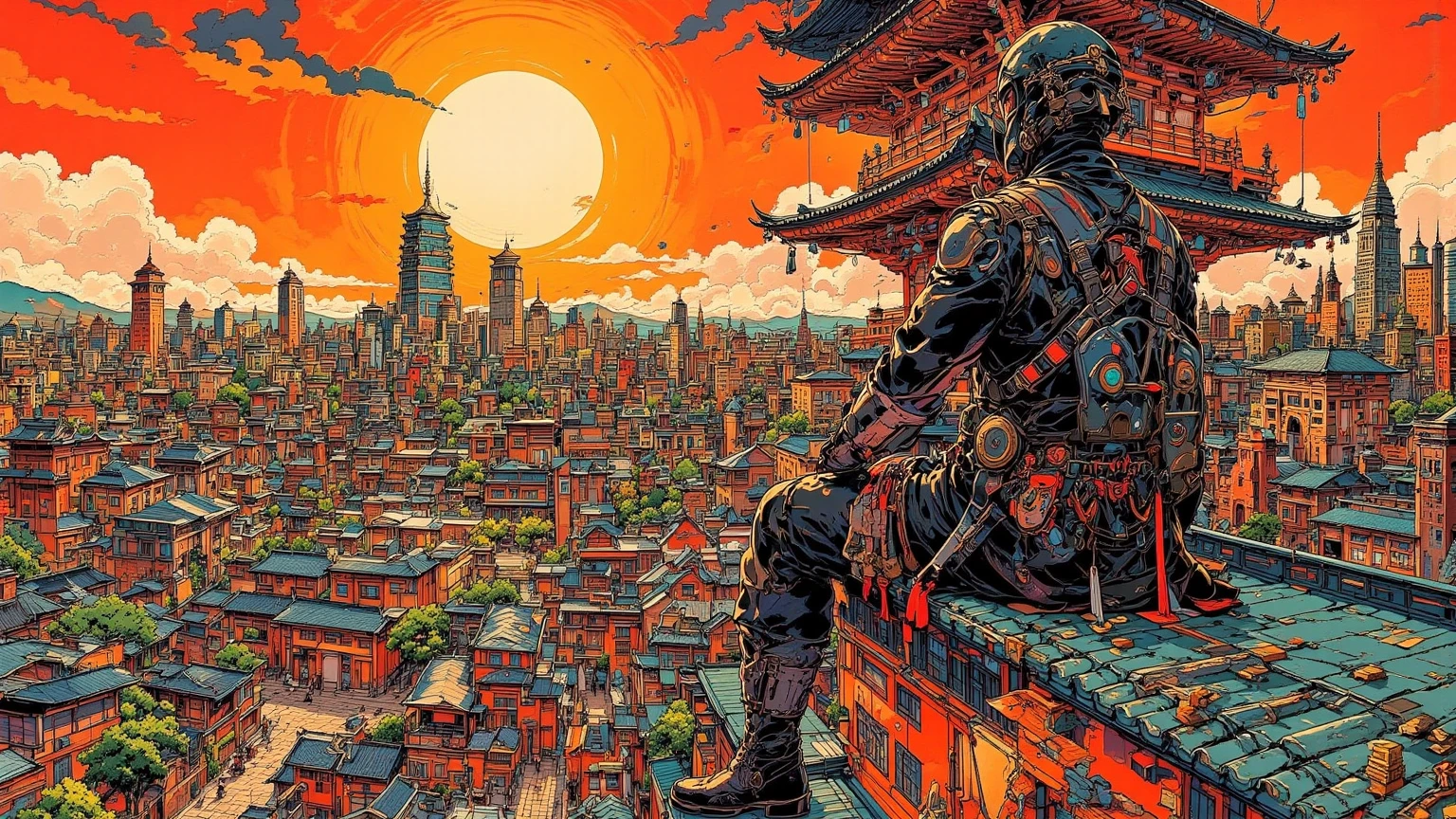 Close up of a ninja man sitting on the ceiling of a five-storied pagoda ...