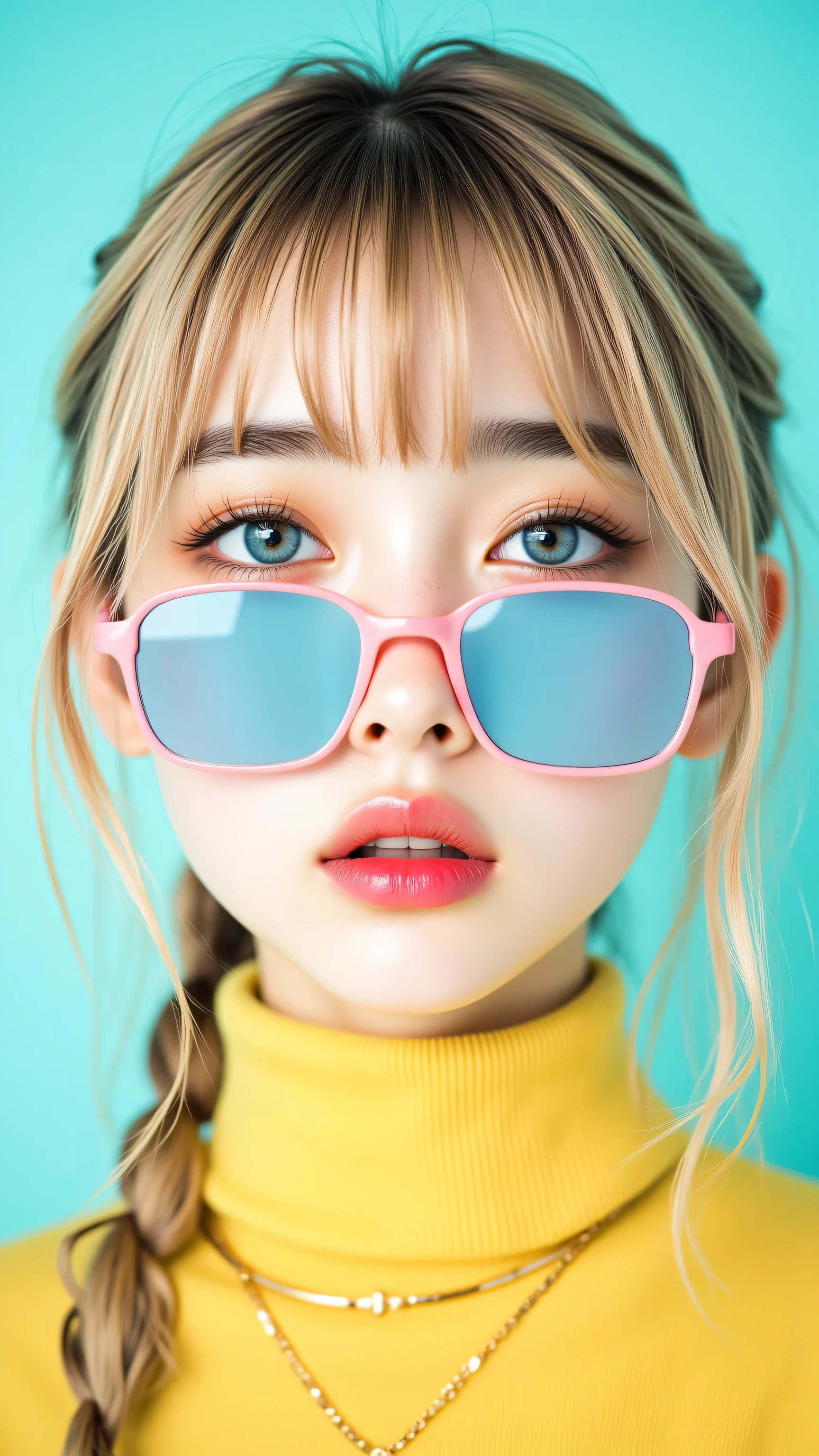 A close up of a woman wearing sunglasses and a yellow turtle neck ...
