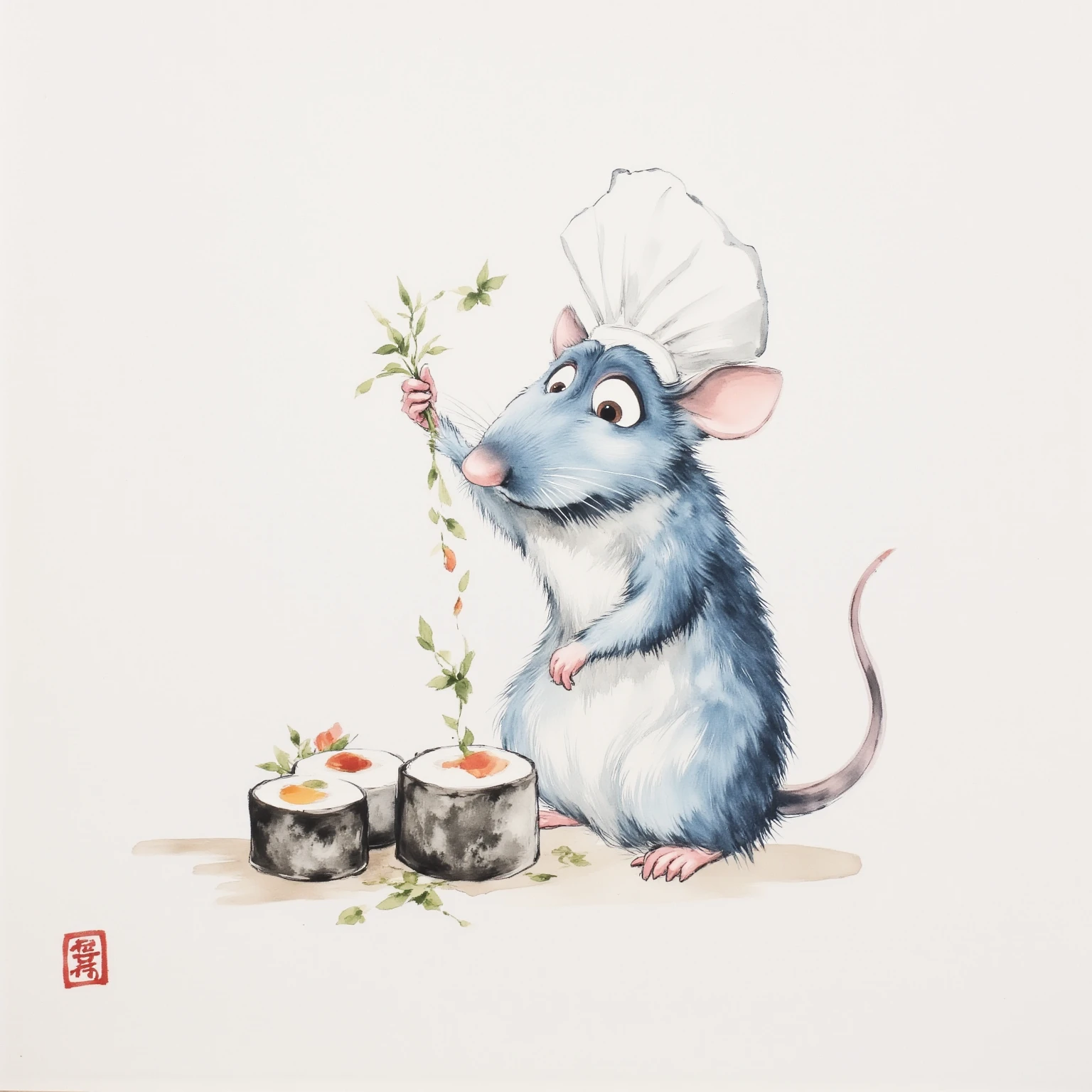 A minimal, abstract sumi-e painting featuring remyrat—a blue rat ...