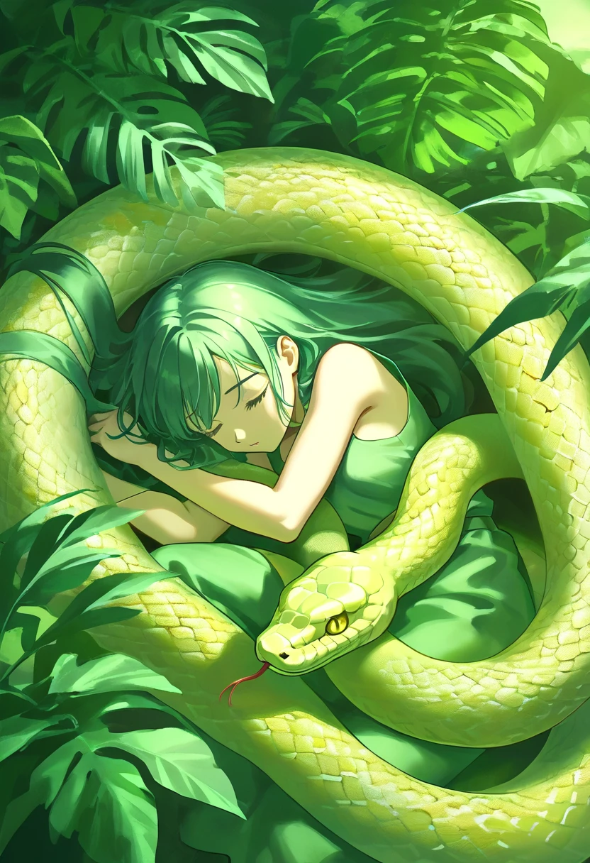 girl，Lie down，Close your eyes，snake，jungle， green theme ， from above - SeaArt AI