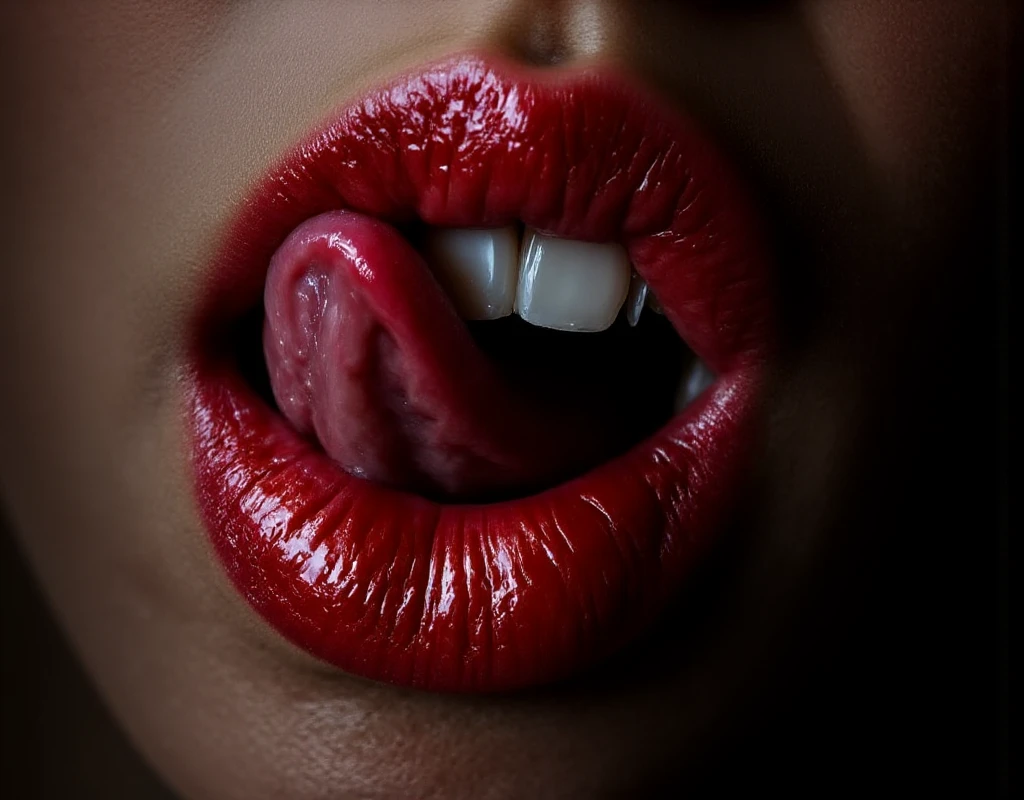 As if cut off by the darkness, only the bright red lips of a fanged ...