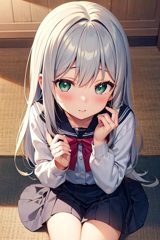 Anime girl with long gray hair and green eyes sitting on a floor ...