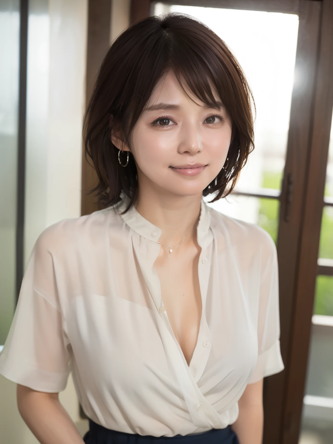 Arafed asian woman in a white shirt and blue skirt posing for a picture ...