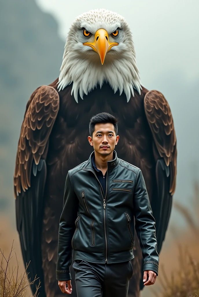 A 160cm tall Asian man in a leather jacket with short hair is walking ...
