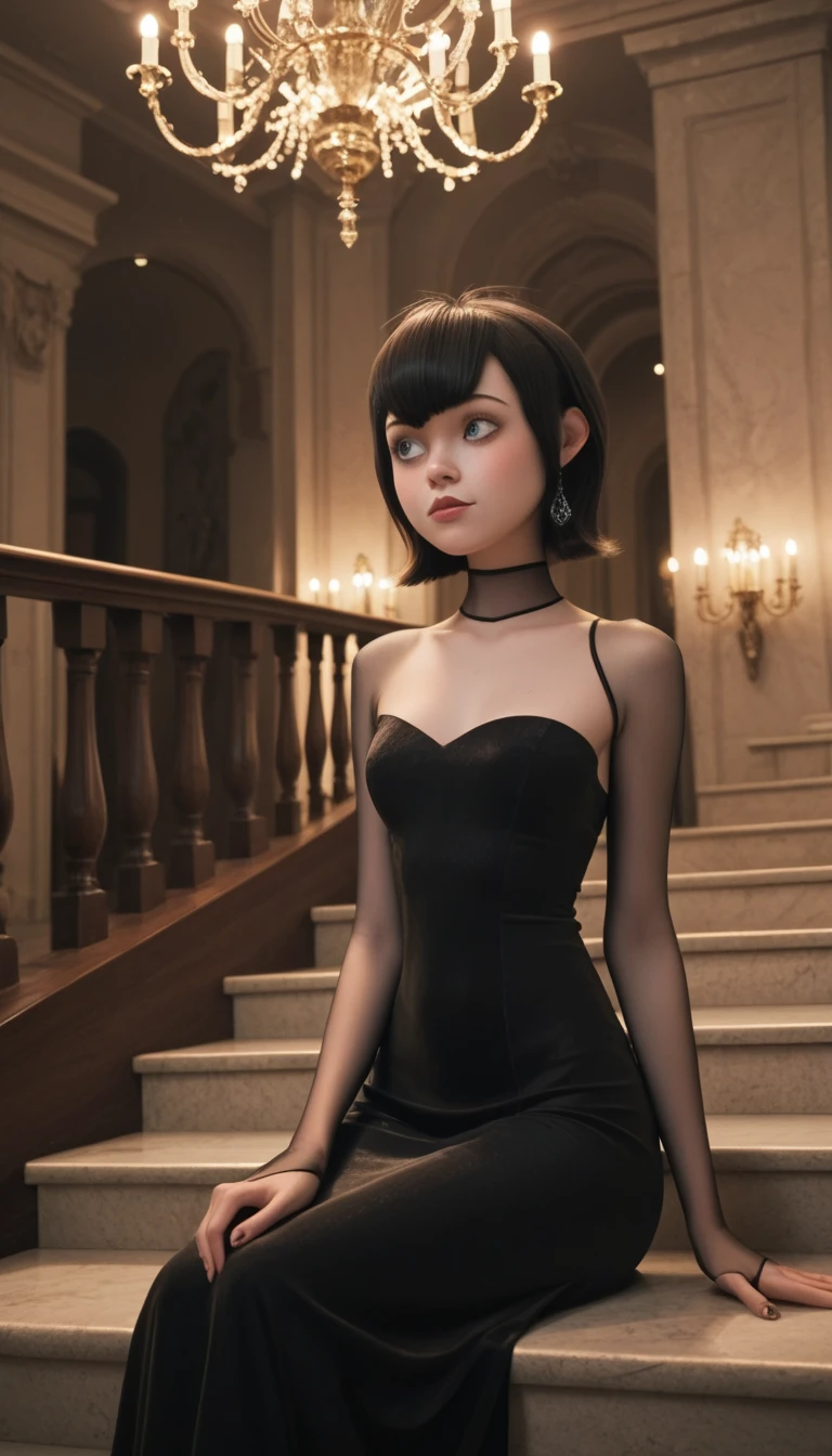 Sysdeep_mavis, black hair, blue eyes, solo, evening gown, sitting ...