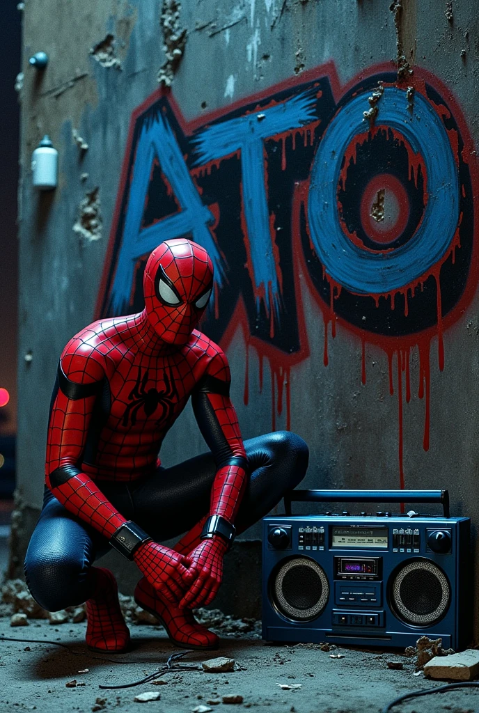 At night in Gotham is Spider-Man crouched on top of an old shattered ...