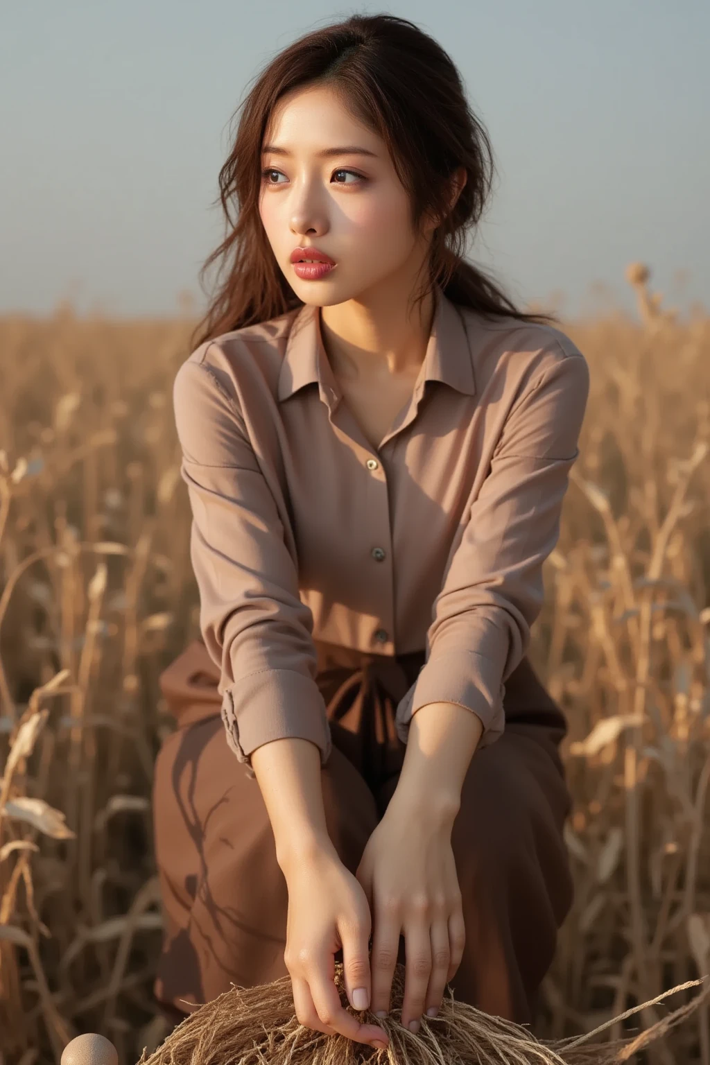 1woman, in the farm, She is plowing the field with a hoe., full body ...