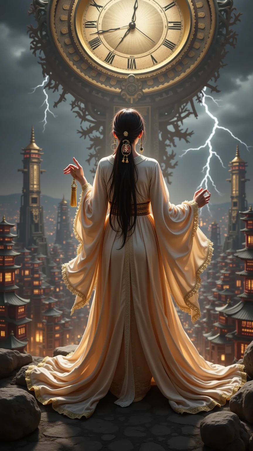 prompt: | A celestial priestess, Satsuki, stands atop the collapsing ...