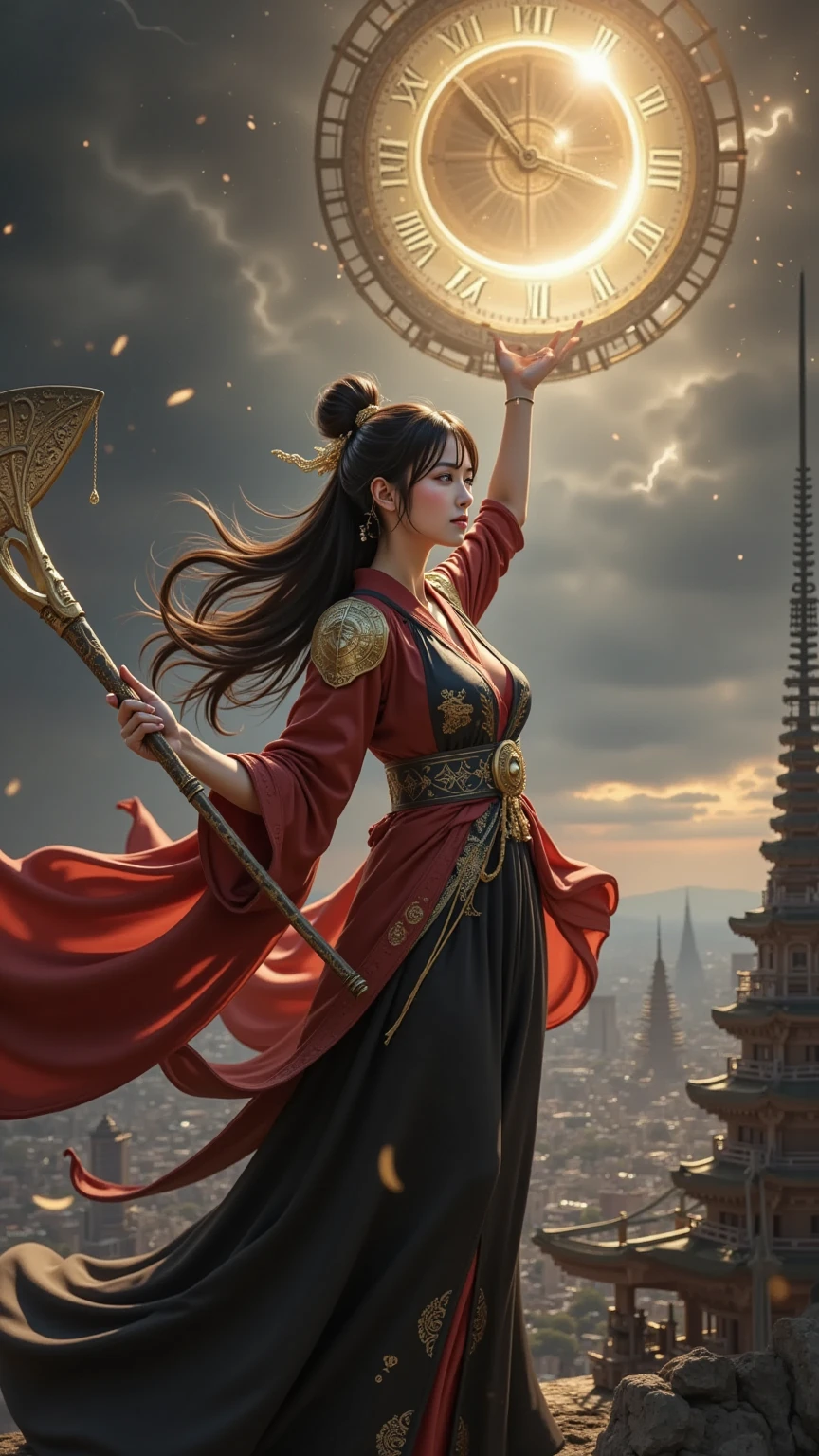 prompt: | A celestial priestess, Satsuki, stands atop the collapsing ...