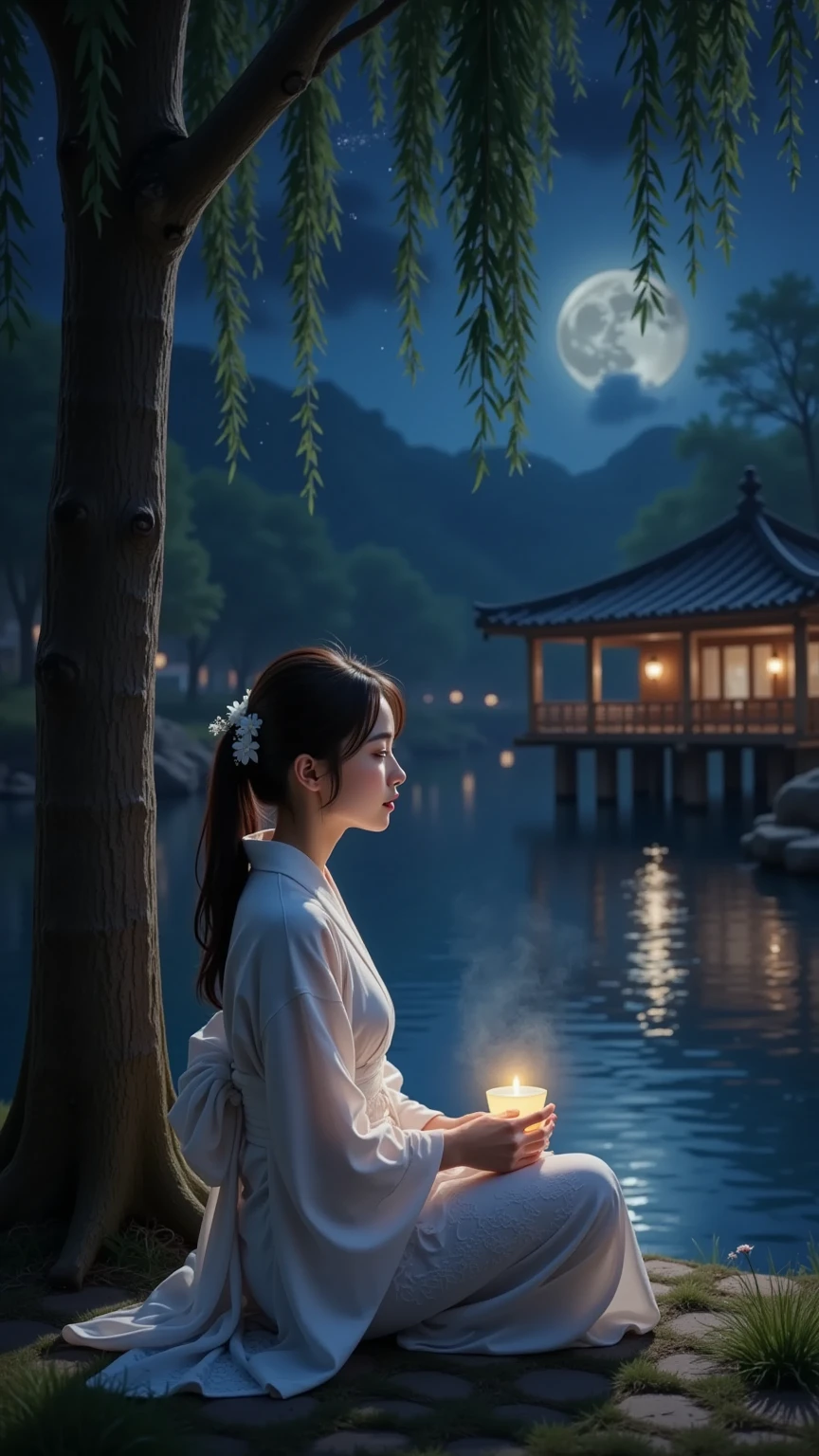 prompt: | A serene night scene bathed in the soft glow of the moon, where a lone figure sits ...