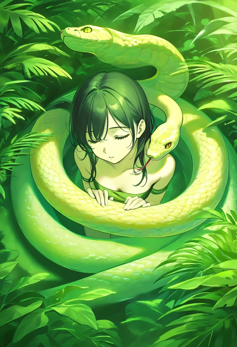 girl，Lie down，Close your eyes，snake，jungle， green theme ， from above - SeaArt AI