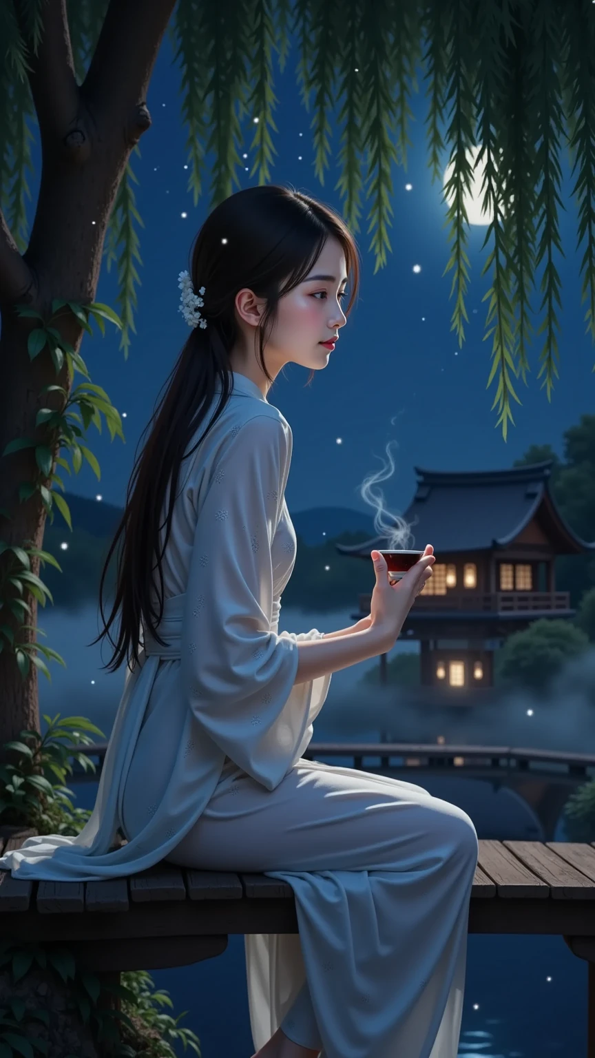 prompt: | A serene night scene bathed in the soft glow of the moon, where a lone figure sits ...