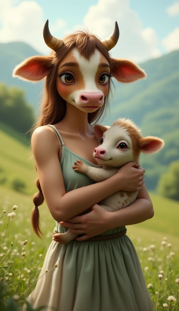 A cow with woman body in casual dress she holds her in her arms a small ...