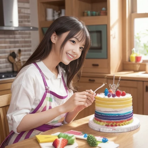 A female cake maker making a huge decorated cake, a side shot of the ...