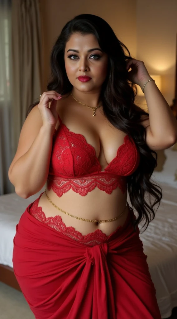 Busty woman, wearing red lace half blouse and redsaree, exposing curvy midriff a - SeaArt AI