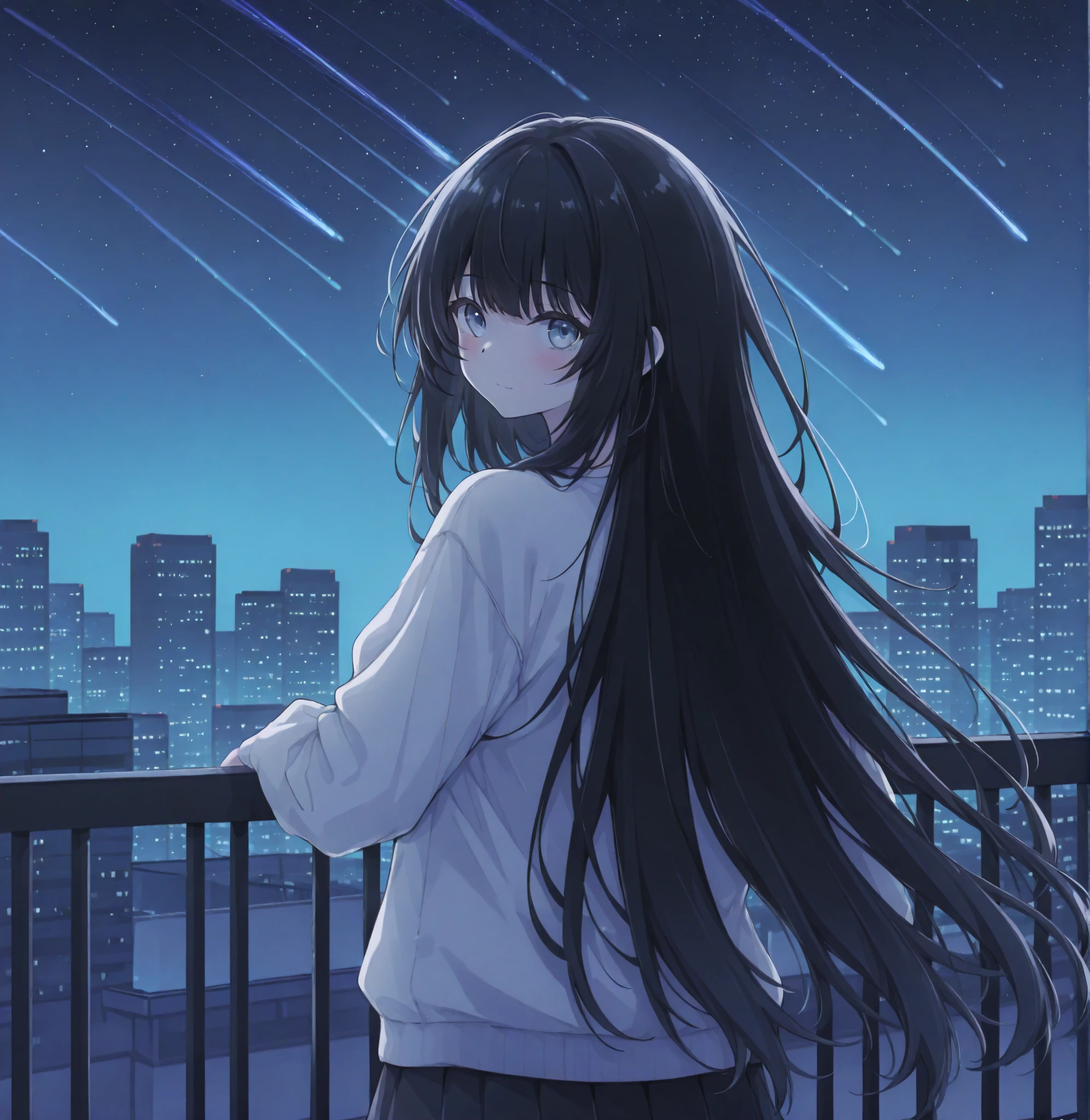 High school girl admiring the scenery on the roof of a high-rise ...