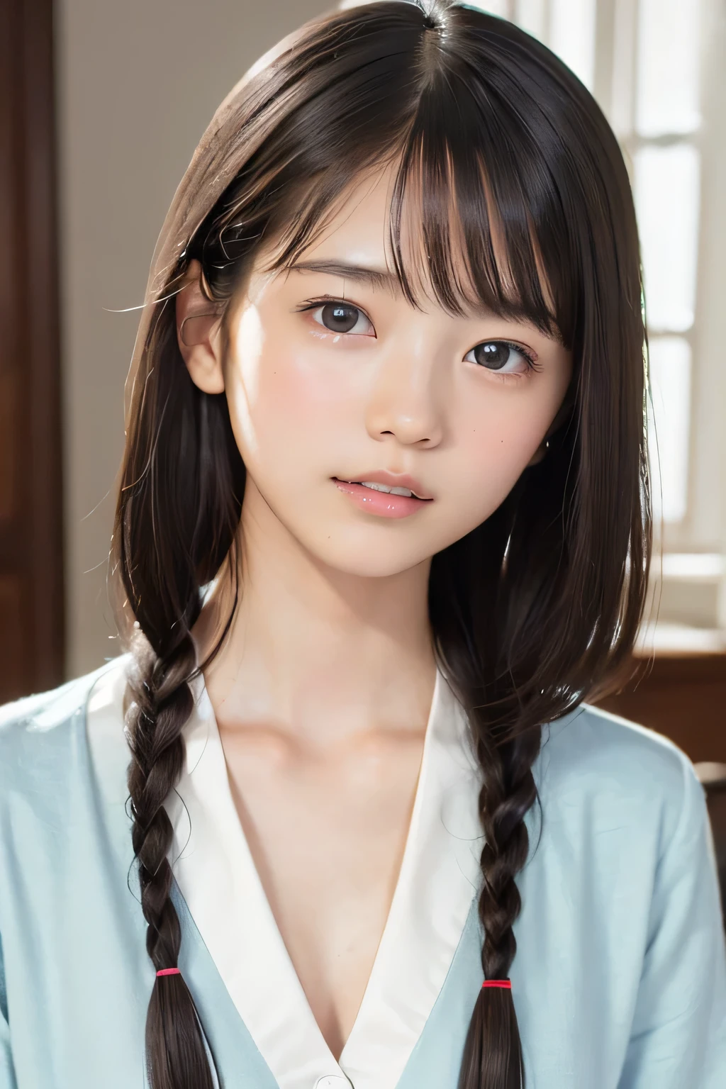 Arafed asian woman with long hair and a blue shirt - SeaArt AI