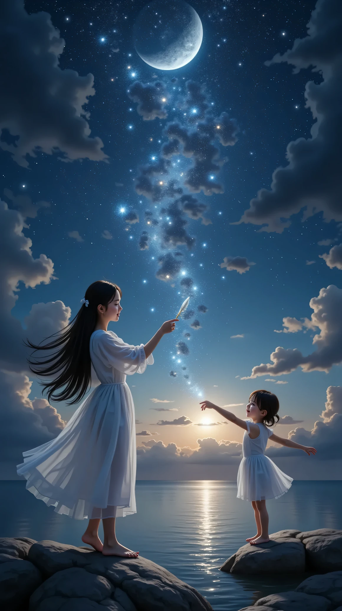 prompt: | Under the endless night sky, where time flows like liquid ...