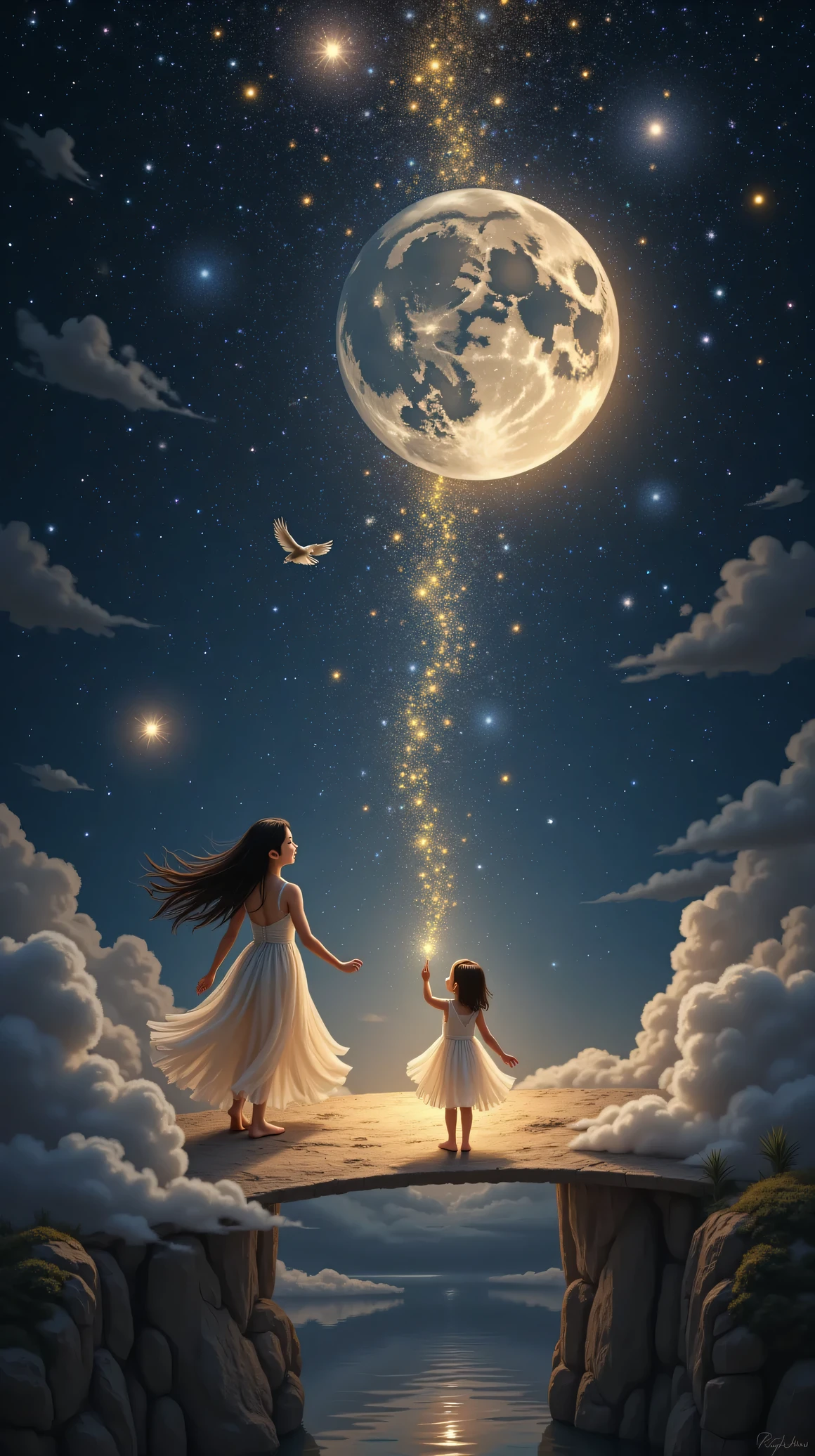 prompt: | Under the endless night sky, where time flows like liquid ...