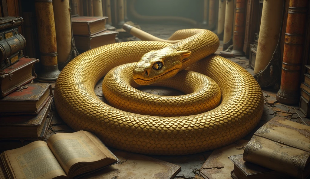 " A giant snake , partially camouflaged between ancient scrolls and ...