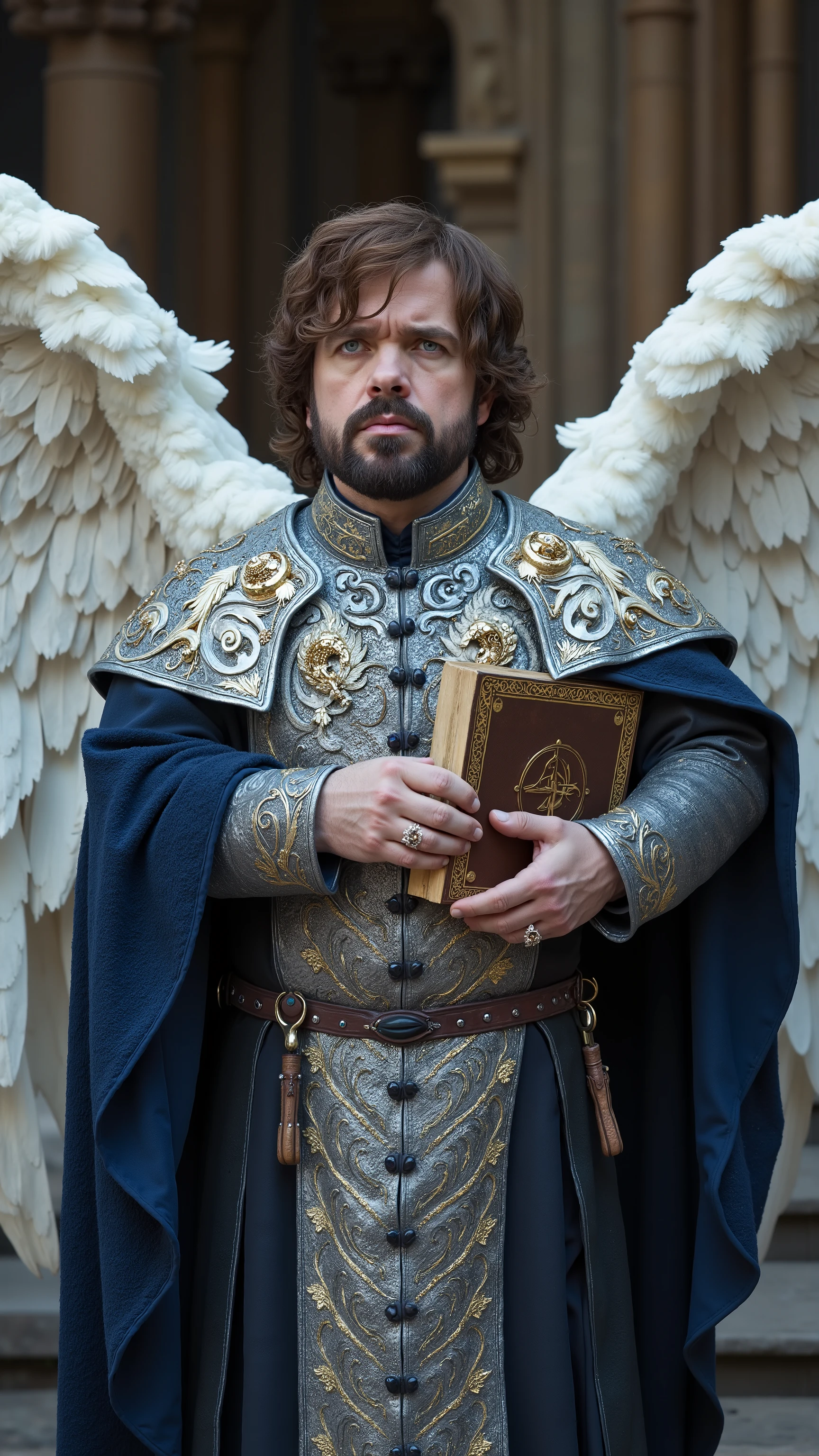 Arafed man dressed in armor holding a book with wings - SeaArt AI