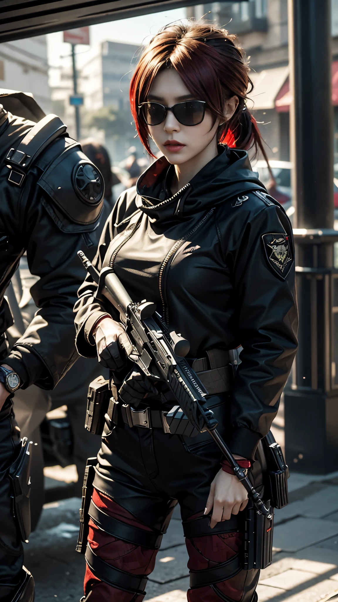 There are two people dressed in black and red holding guns - SeaArt AI